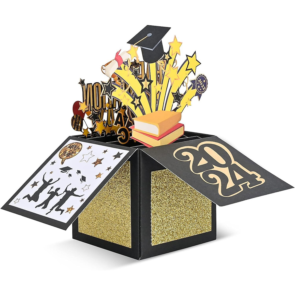 POPGIFTU 2024 Graduation Pop Up Card, Black Gold Pop Up Congrats Grad 2024 Greeting Card with Envelope, Congratulations Graduation Gifts for 2024 High School College University Graduates