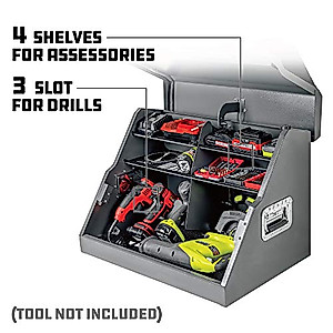 Powerbuilt 26 In. Portable Slant Front Power Tool Locker Toolbox with Power Drill Slots, Storage Compartments, 16 Ga. Steel, Chrome Hardware, Weather-Resistant Locking Polymer Lid, Gas Struts, 941805E