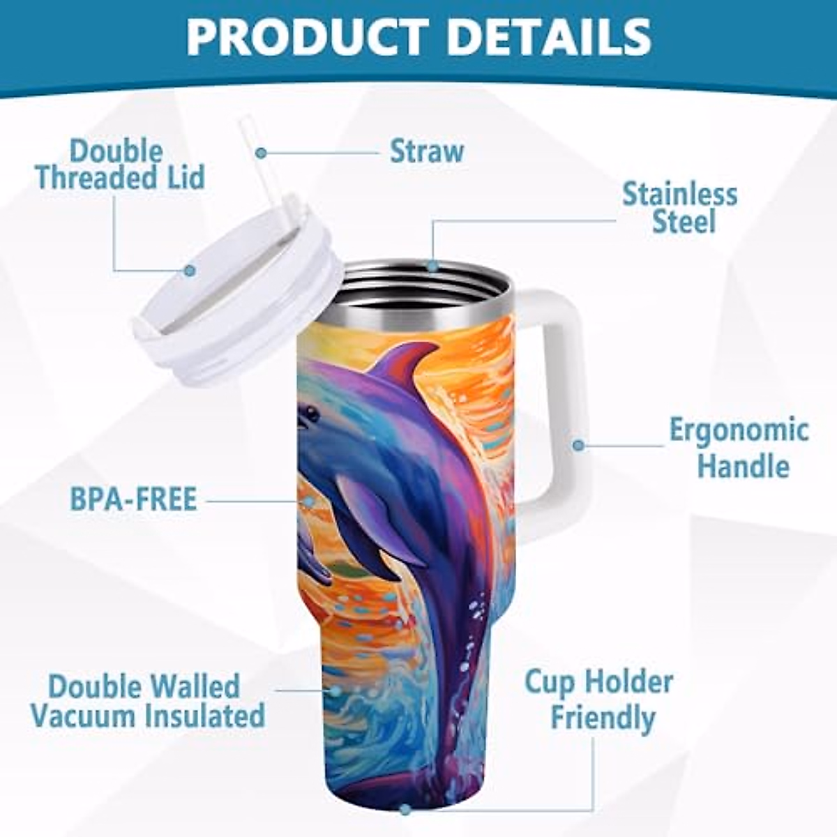 40 oz Sea Dolphins Insulated Tumbler with Handle, Stainless Steel Vacuum Water Bottles with Lid and Straw for Water, Iced Tea or Coffee