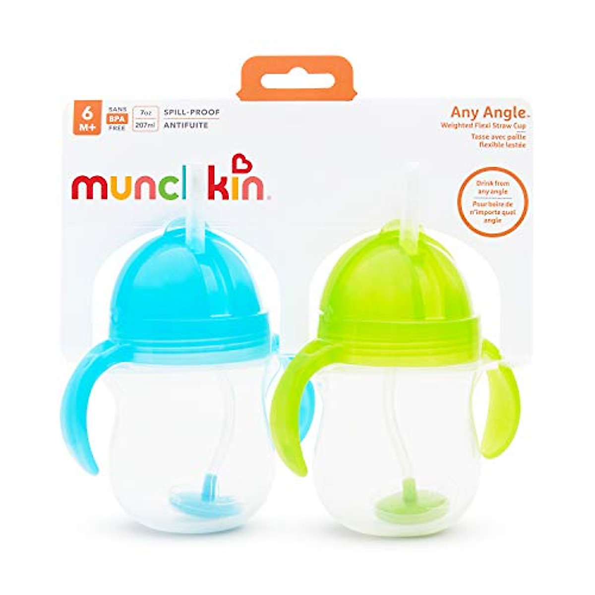 Munchkin® Any Angle™ Weighted Straw Trainer Cup with Click Lock™ Lid, 7 Ounce, 2 Pack, Blue/Green