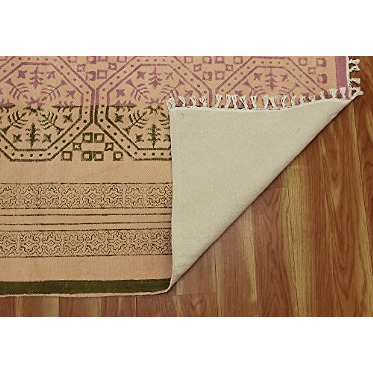 Casavani Hand Block Printed Rug Geometric Green & Pink Tassel Rug Boho Area Rug Easy Care Washable Rugs for Doormat Entryway Living Room Bedroom Hallway Balcony 4x10 Feet Runner