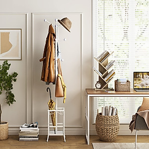 Hoctieon Coat Rack Freestanding, Entryway Coat Hanger Stand, Umbrella Holder, Hall Tree With 12 Hooks, Floor Standing Metal Tree Stand, White