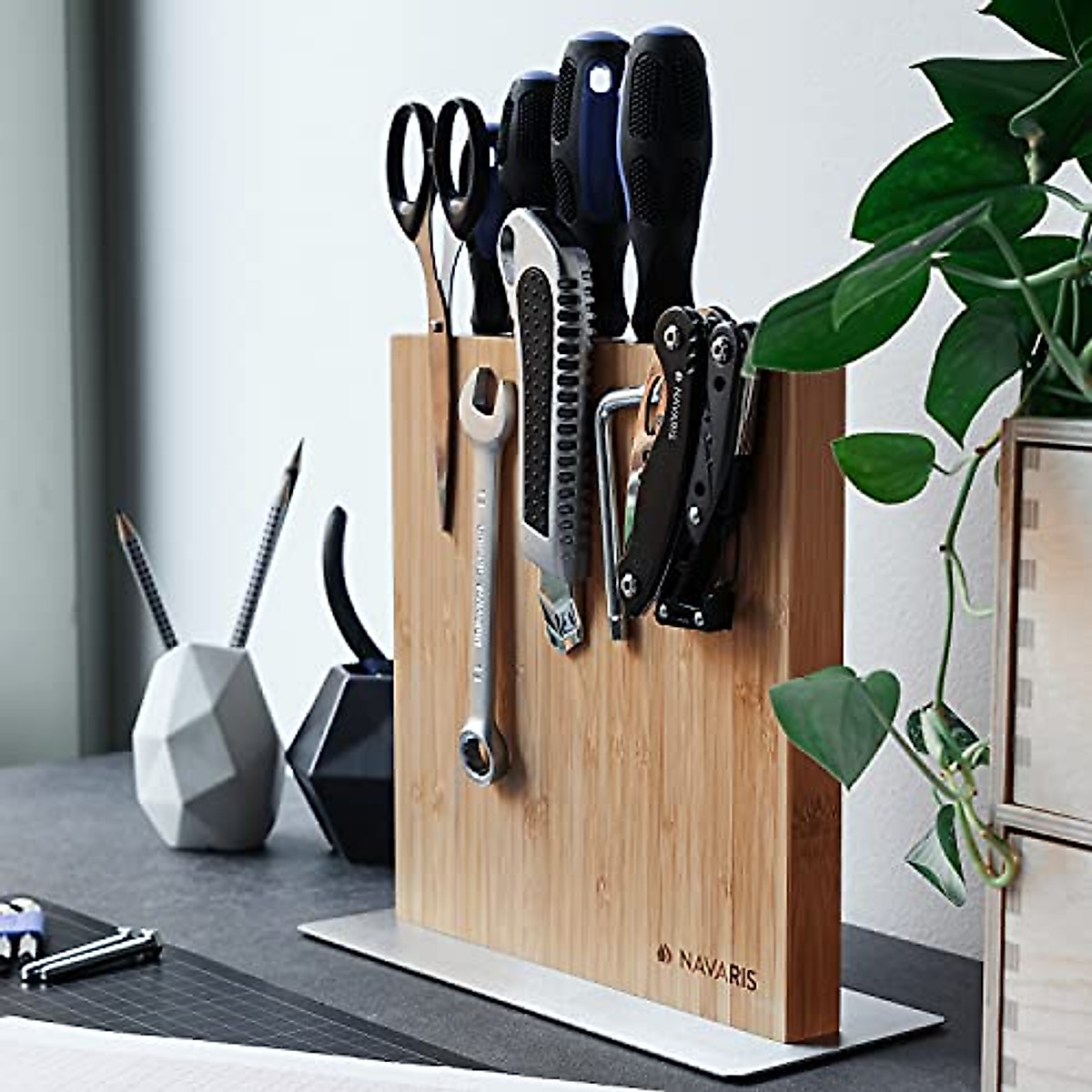 Navaris Wood Magnetic Knife Block - Double Sided Wooden Magnet Holder Board Stand for Kitchen Knives, Scissors, Metal Utensils - Bamboo, 8.9 x 8.7 in