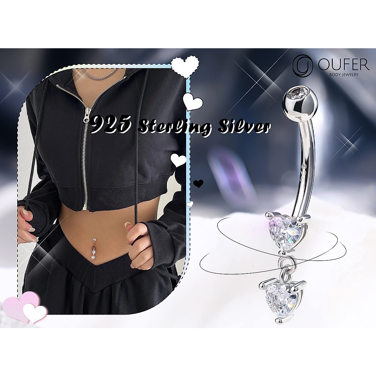 OUFER 14G Belly Rings, Dangle Belly Button Ring, 925 Sterling Silver Heart Belly Piercing Jewlery, Clear CZ Navel Piercing Jewelry for Women Men