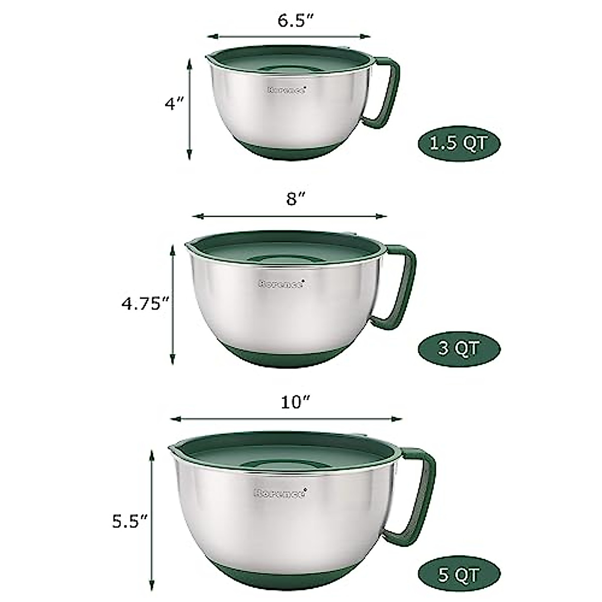 Rorence Mixing Bowls Set: Stainless Steel Non-Slip Bowls with Pour Spout, Handle and Lid - Set of 3 - Green
