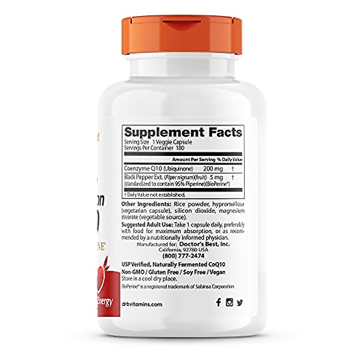 Doctor's Best High Absorption CoQ10 with BioPerine, Non-GMO, Gluten & Soy Free, Naturally Fermented, Vegan, Heart Health and Energy Production, 200 mg, 180 Count