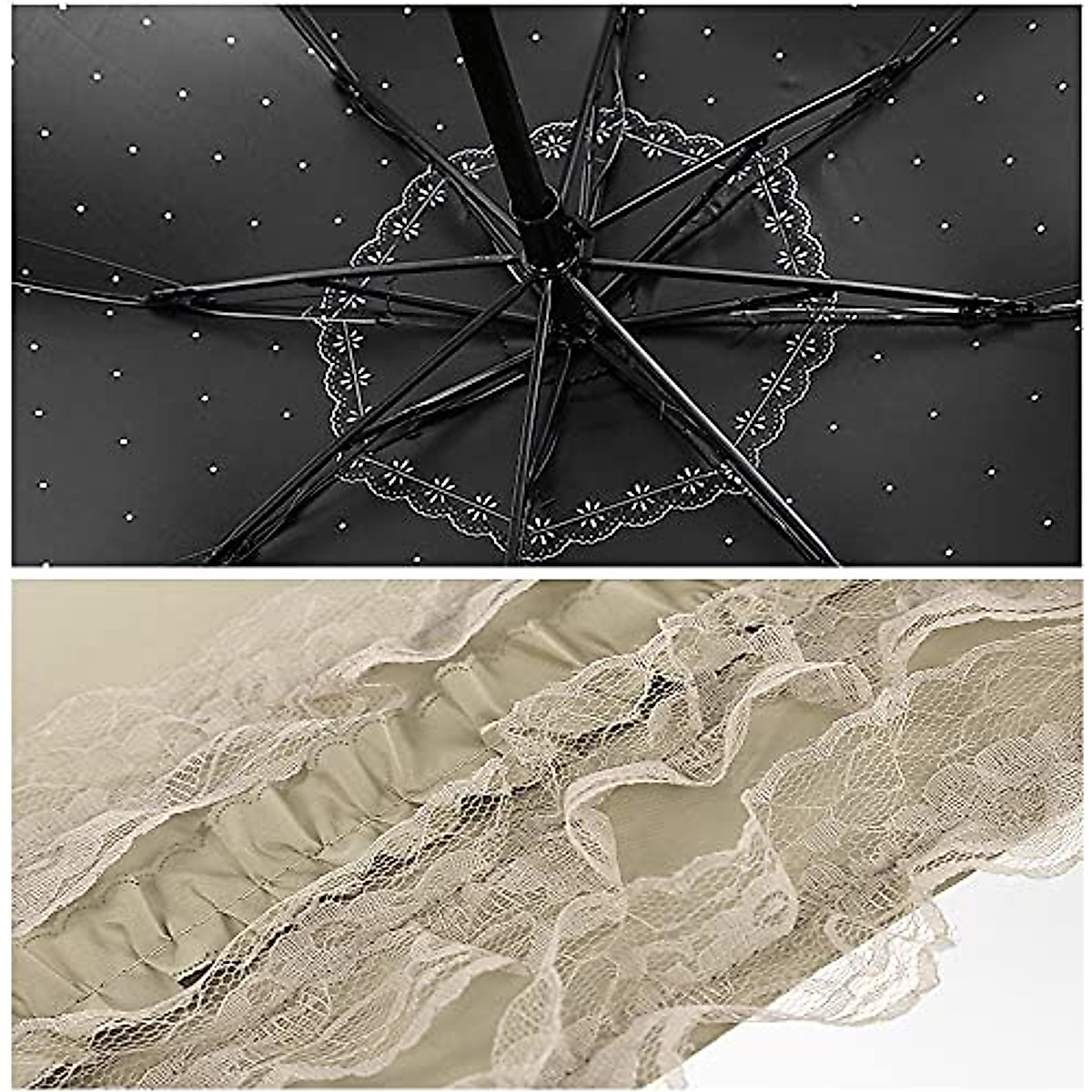 WANLIAN Princess Lace Ultraviolet-Proof Triple Folding Umbrella Dome used for ParasolDecorations Photoshoot Props.（Rice white）