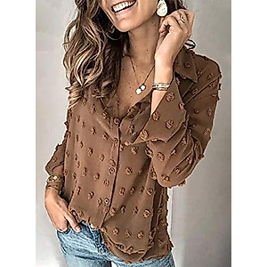 Astylish Womens Soft Cuffed Sleeve Pompom Collar Shirts Long Plus Size Button Down Blouse Tops Brown Small