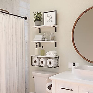 WOPITUES Bathroom Shelves Over Toilet, Floating Wall Mounted with Wire Basket, Wood Floating Shelf for Wall Décor, Bathroom Wall Décor Shelves–White