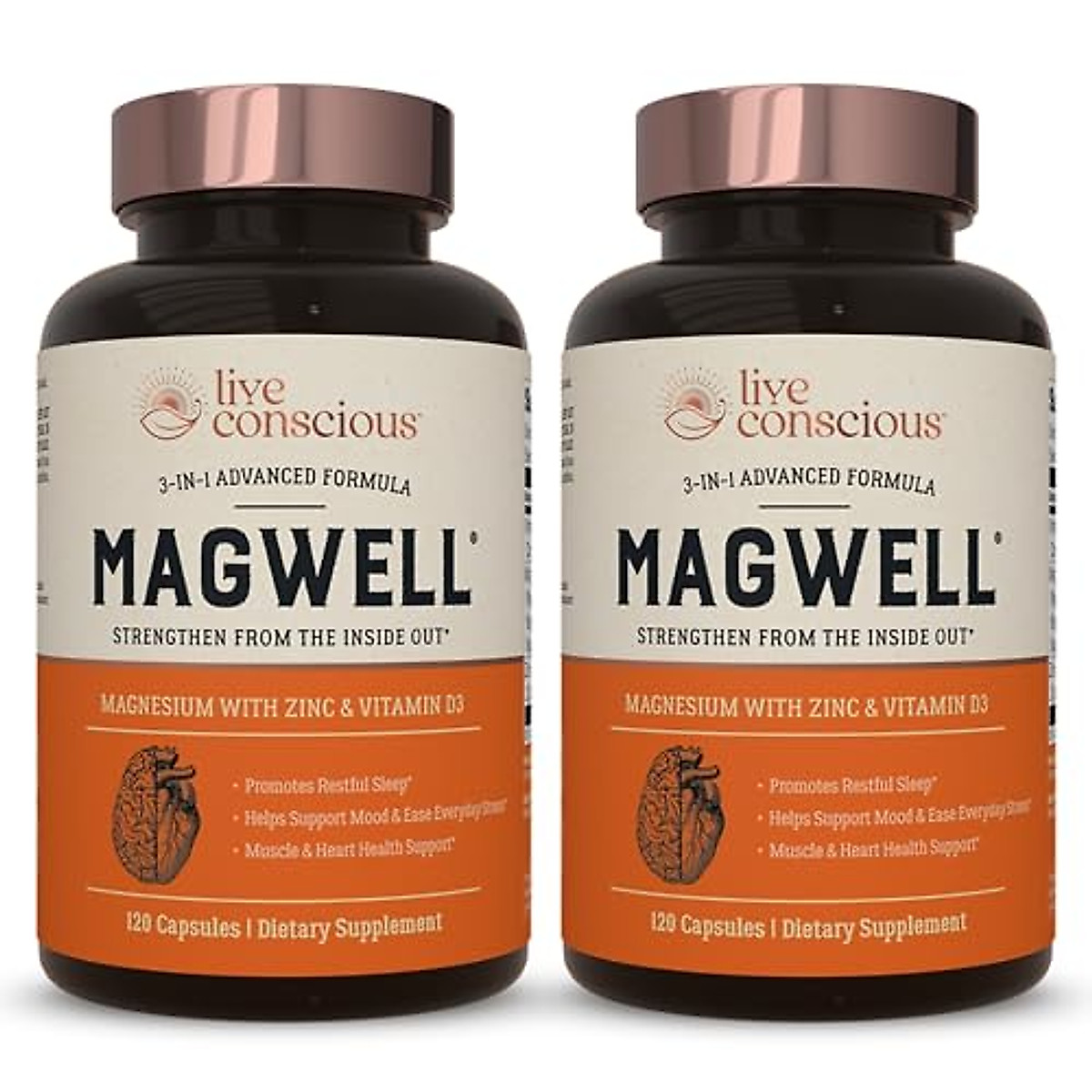 Live Conscious Magnesium Zinc & Vitamin D3 - Bioavailable Forms of Magnesium - Malate, Glycinate, Citrate - MagWell Bone & Heart Health, Immune System Support - 120 Capsules (2-Pack)