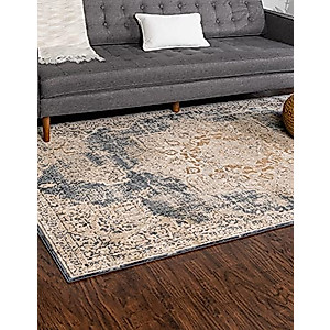 Unique Loom Chateau Collection Vintage, Distressed, Medallion, Rustic, Traditional Area Rug, 8' 0" x 10' 0", Beige/Navy Blue