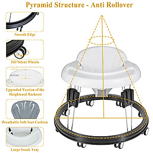 Baby Walker for Boys and Girls, Foldable Toddler Round Walker with Adjustable Height, Detachable Seat Cover and Mute Anti-Rollover Baby Walker, Suitable for Height 65-88cm