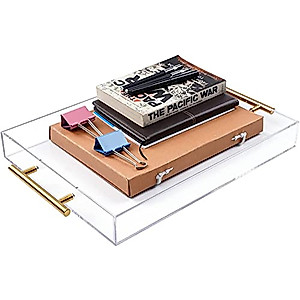 12"x16" Clear Acrylic Serving Tray with Golden Handles, Huge Capacity Sturdy Acrylic Tray for Coffee, Juice, Kitchen and Desk Organizer, Storage Tray (12"x16")