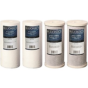 BLUONICS Sediment & Carbon Block Replacement Water Filters 4pcs (5 Micron) 4.5" x 10" Whole House Cartridges for Rust, Iron, Sand, Dirt, Sediment, Chlorine, Insecticides and Odors