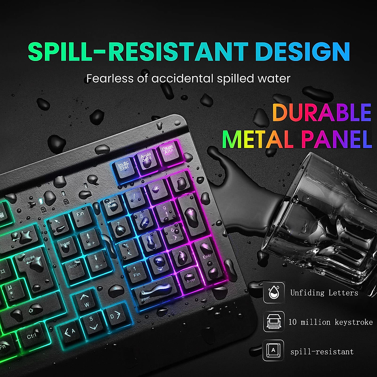 HovingTech Gaming Keyboard, USB Wired Keyboard with Metal Panel Rainbow Backlight, LED Illuminated Ergonomic Wrist Rest, Shortcuts, 19-Key Anti-Ghosting, Laptop & Desktop PC Computer Black