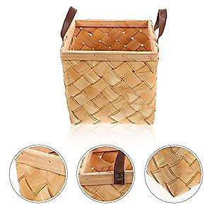 Rattan Picnic Basket Natural Woven Woodchip Baskets with Leather Handle Wicker Laundry Hamper Seagrass Storage Bin Container for Fruit Vegetable 24cm