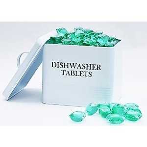 Metal Bin Dishwasher Pod Holder - Dishwasher Pods Container for farmhouse kitchen Decoration and Space Saving /White Dish Washer Tablets with Lid for Kitchen Storage & Organization Accessories