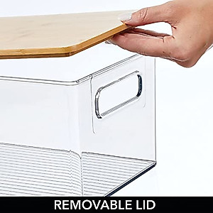 mDesign Plastic Stackable Storage Organizer Container Bin with Handles, Bamboo Wood Lid; for Kitchen, Pantry, Cabinet Organization; Holds Packaged Food, Snacks; Ligne Collection, 8 Pack, Clear/Natural