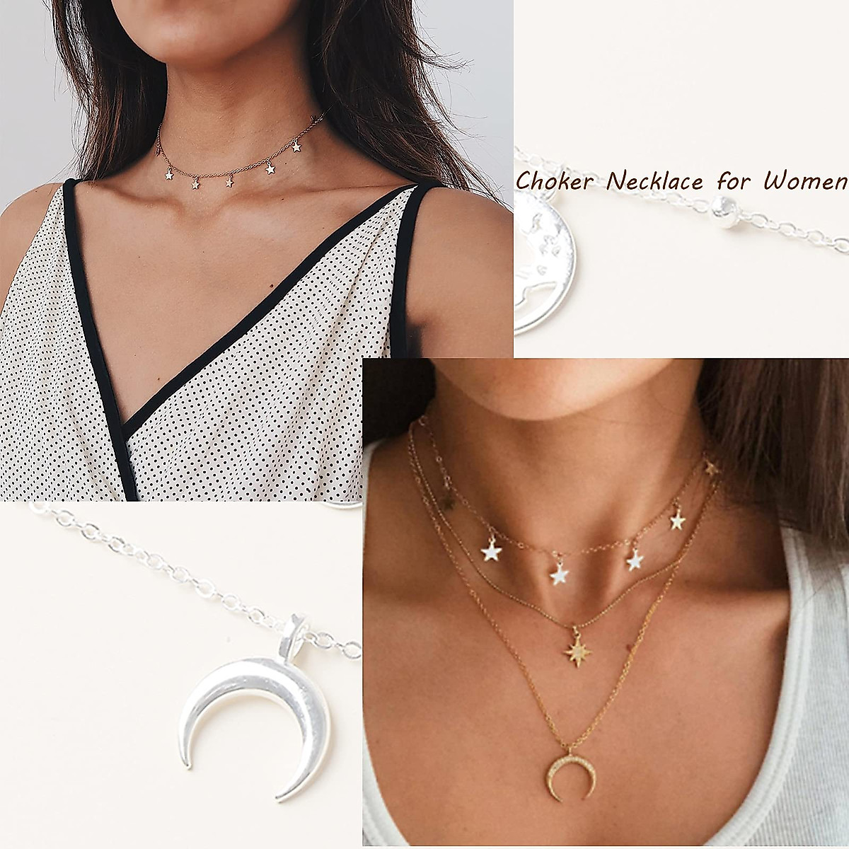 RINHOO FRIENDSHIP 4-6Pcs Multiple Layered Choker Necklace With Moon Star Coin Multi Layered Y Pendant Necklaces Set For Women (4PCS Multiple Silver Necklace)