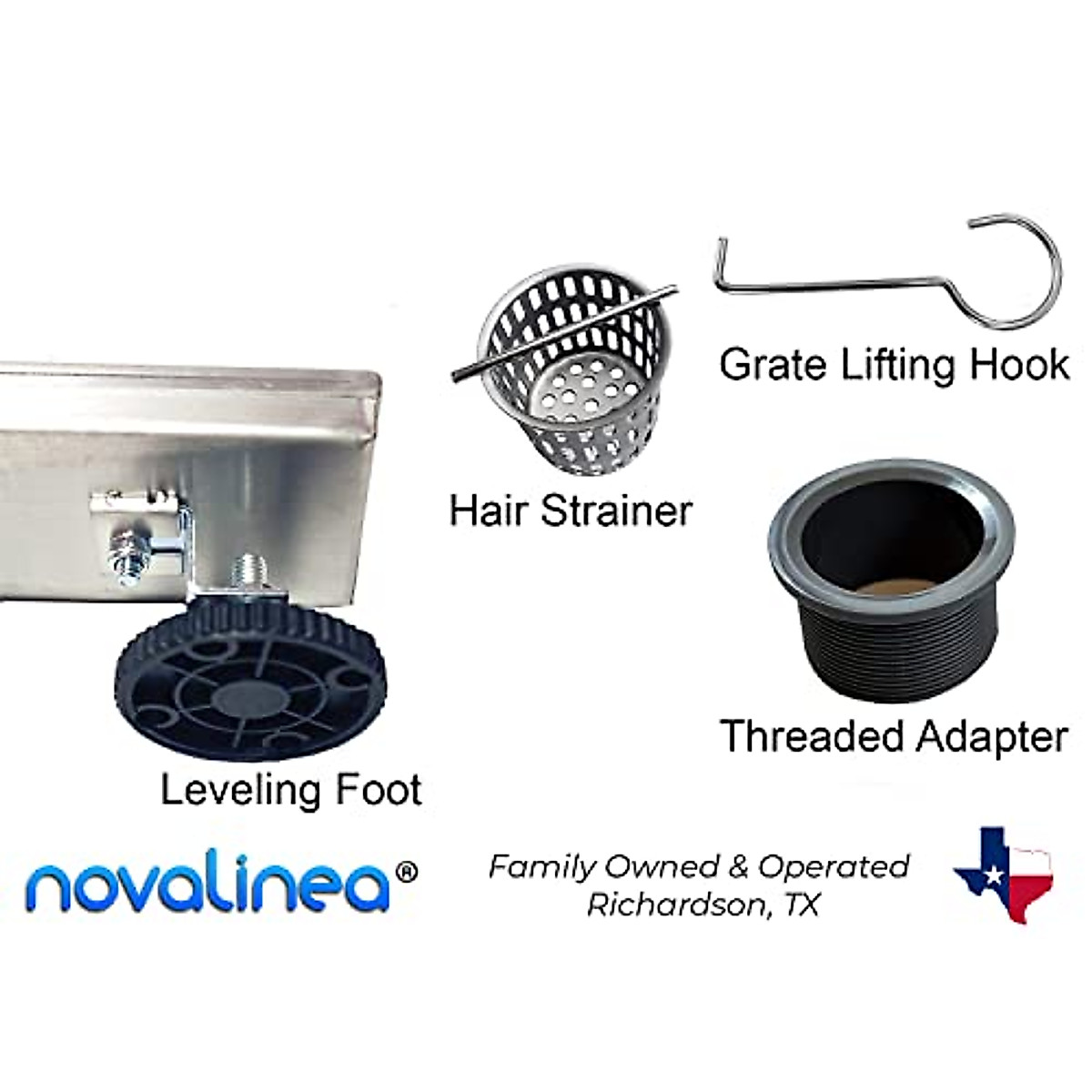 Novalinea - 54 Inch Linear Shower Drain with Tile Insert Grate, Includes Hair Strainer and Leveling Feet, 2 Inch Center Outlet, 304 Stainless Steel