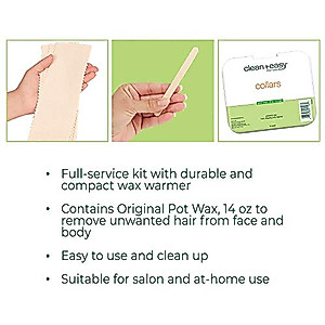 Clean + Easy Pot Wax Mini Kit With Deluxe Warmer, Original Formula Wax, Muslin Strips, Waxing Accessories, (120 V)