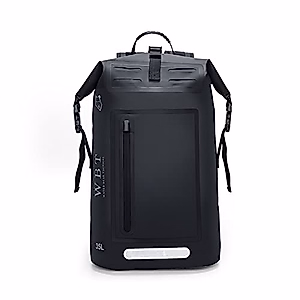 Water Bear Tactical Waterproof Backpack: Black 35L Rugged Roll-Top Closure with Waterproof Zipper front pocket and Cushioned Padded Back.