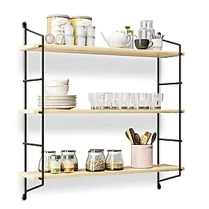 BENOLDY, 3 Tier Classic Black Metal Frame Wall Mounted Floating Shelf with Pine Wood Rack - Decorative Storage Wall Shelves for Bathroom, Kitchen, Living Room, and Bedroom Organization