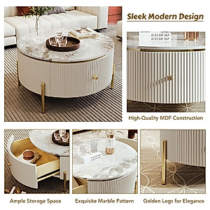 Merax Modern Round Coffee Table Set with 2 Large Drawers Storage Golden Metal Leg Circular Marble Pattern for Living Room Apartment（31.5''）, Off White
