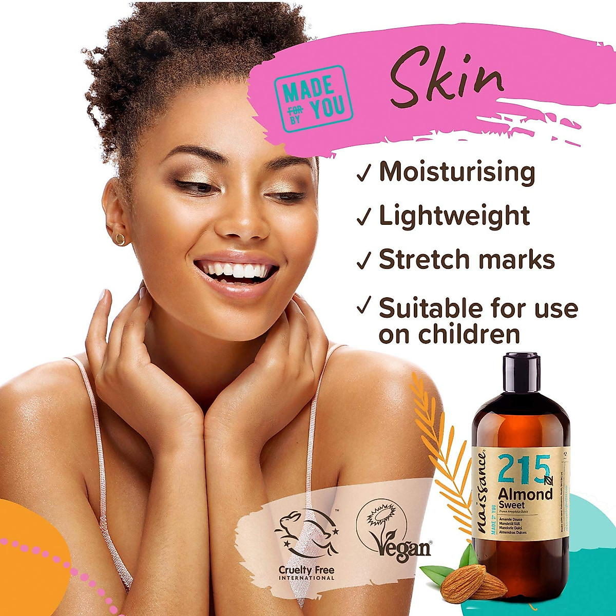 naissance Sweet Almond Oil 16 fl oz - Pure & Natural, Vegan, Non GMO, Hexane Free, Cruelty Free - Ideal for Haircare and Skincare, Aromatherapy & Massage