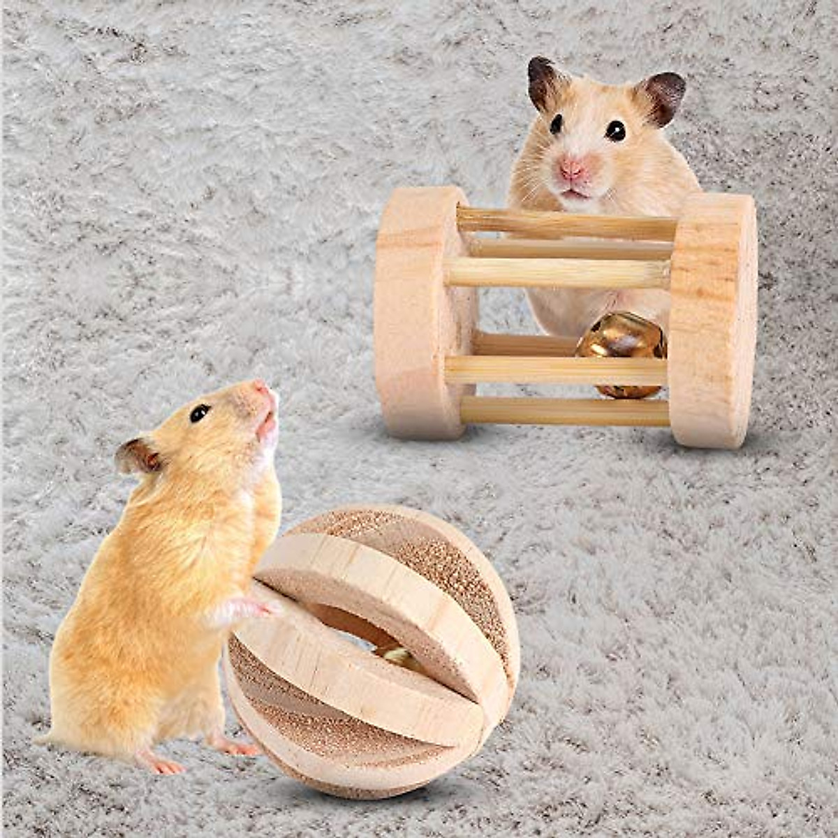 Hamster Toys, Natural Wooden Chew Playing Toy with Dumbbells Bell Roller Seesaw for Guinea Pig Chinchilla Parrot Rat Bunny to Playing and Protecting Teeth