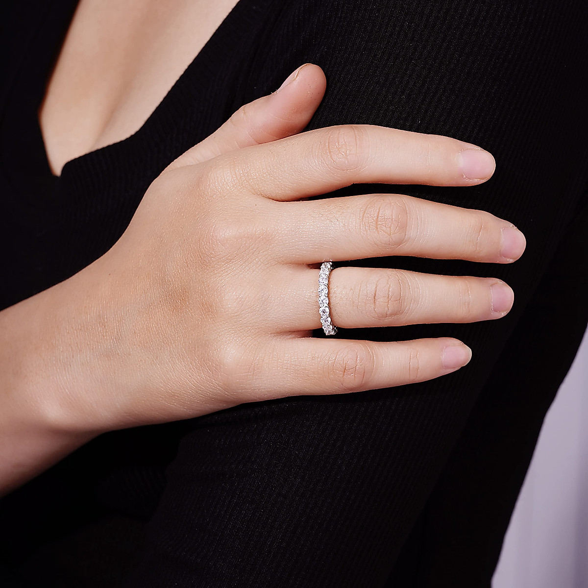 Amazon Essentials Platinum Plated Sterling Silver All-Around Ring set with Round Infinite Elements Cubic Zirconia (1 cttw), Size 5 (previously Amazon Collection)