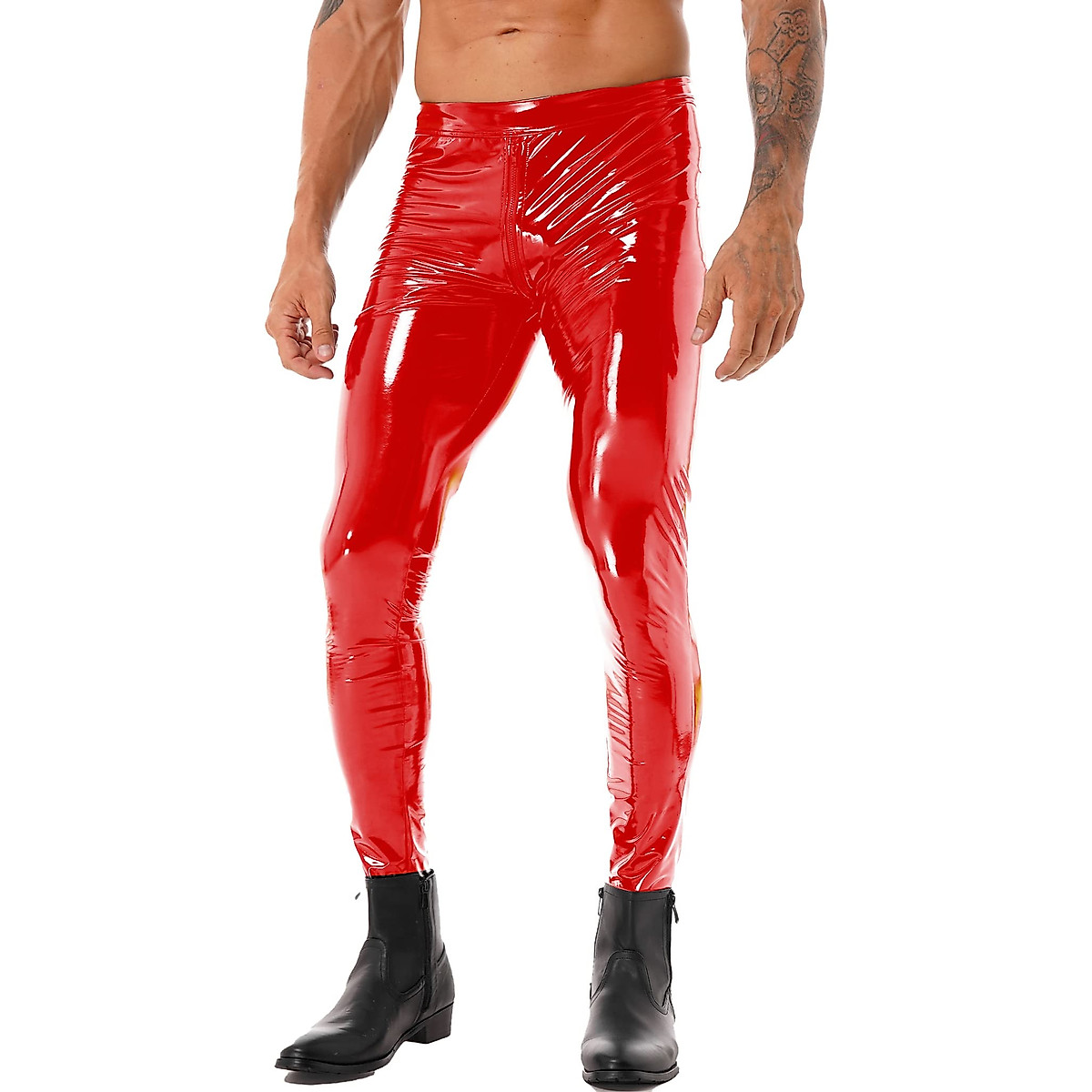 TSSOE Men Shiny Wetlook Patent Leather Skinny Pants Tight Zipper Crotch Clubwear Motor Biker Leggings Red Large