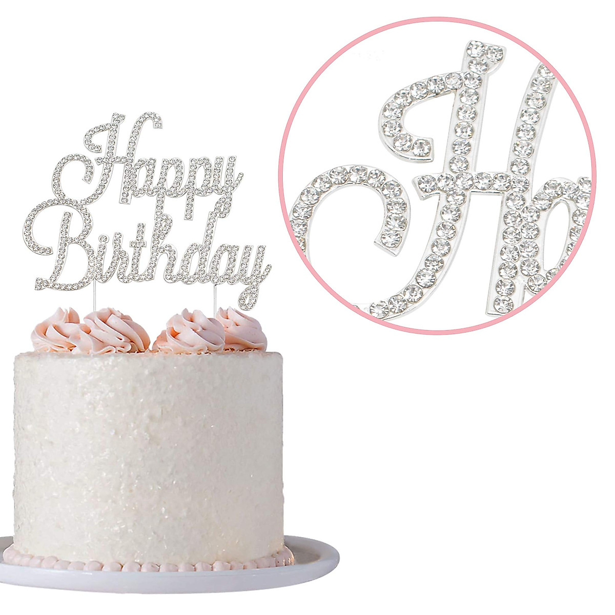 Happy Birthday Cake Topper - Premium Silver Metal - Happy Birthday Party Sparkly Rhinestone Decoration Makes a Great Centerpiece - Now Protected in a Box