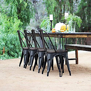 JUMMICO Metal Dining Chair Stackable Industrial Vintage Kitchen Chairs Indoor-Outdoor Bistro Cafe Side Chairs with Back and Wooden Seat Set of 4 (Black)