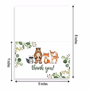 50 Woodland Thank You Cards, 4x6" Forest Animals Greenery Thank You Notes with Matching Green Envelopes & Stickers, Woodland Creatures Notecards Perfect for Woodland Baby Shower and Birthday Party