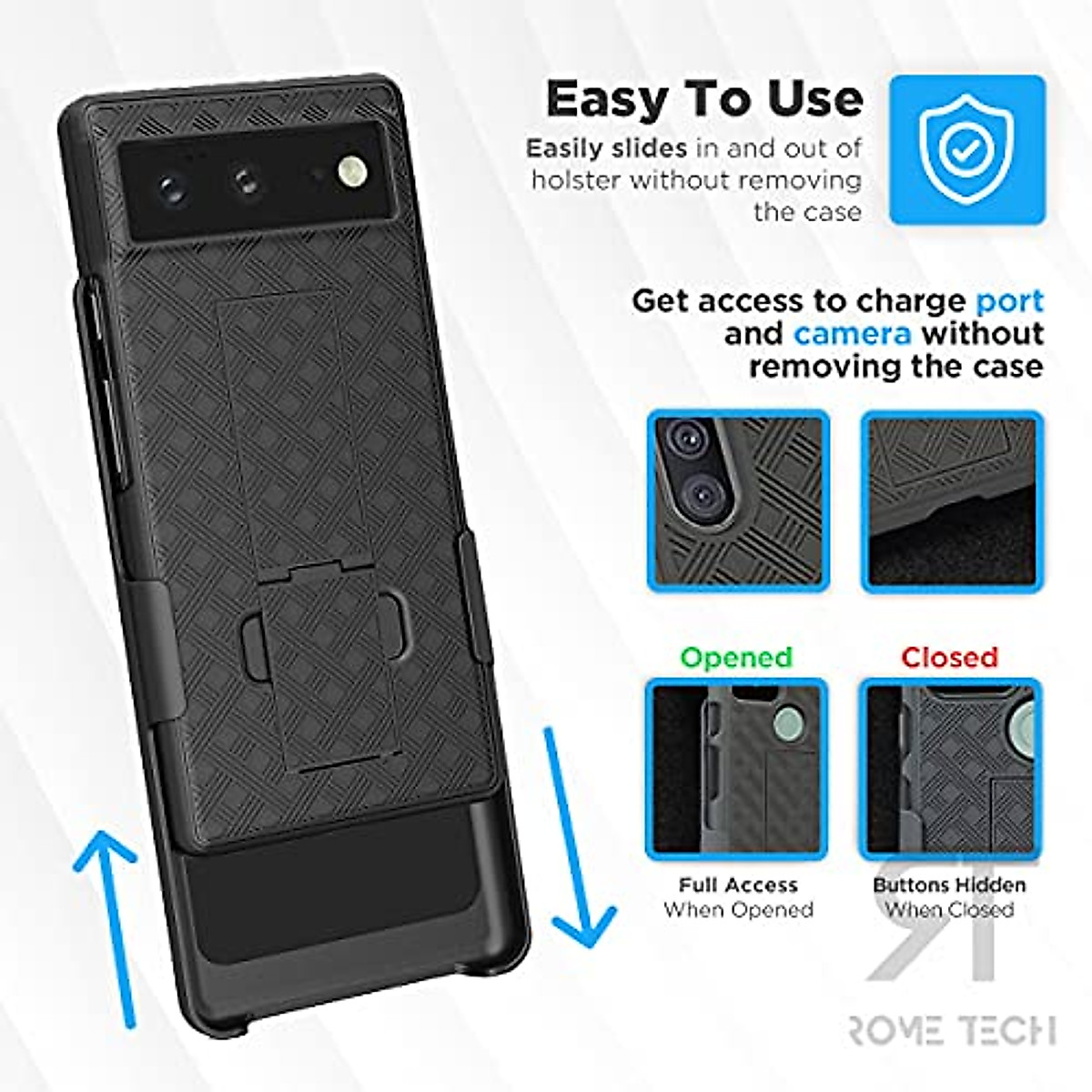 Rome Tech Holster Case with Belt Clip for Google Pixel 6 - Slim Heavy Duty Shell Holster Combo - Rugged Phone Cover with Kickstand Compatible with Google Pixel 6 - Black