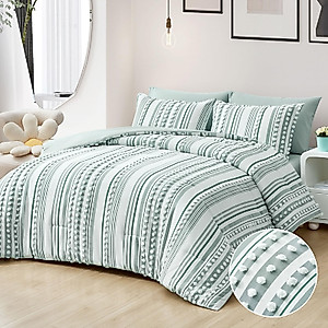 Boho Comforter Set Queen Size Green and White Tufted Ball Striped Design, Shabby Chic Farmhouse Comforter and Sheet Set, 7 Piece Bed in a Bag Pom Pom Complete Bedding Set (90''x90'')