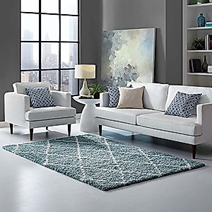 Modway Toryn Diamond Trellis 5x8 High Pile Shag Area Rug With Lattice Design In Aqua Blue and Ivory