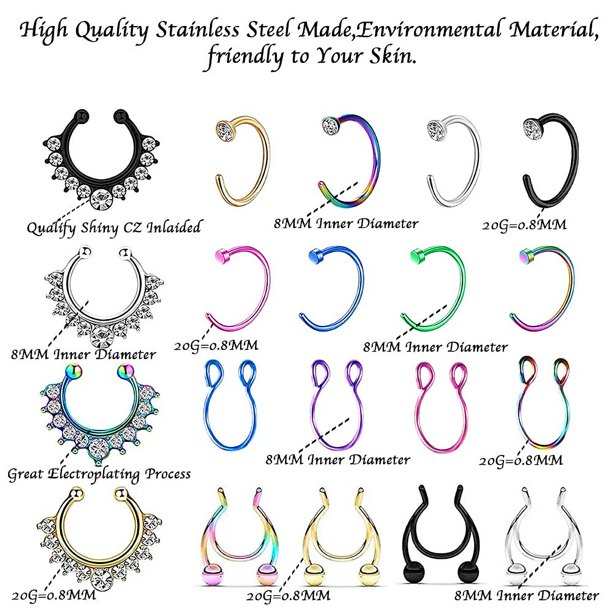 Naomimeier 20PCS Fake Nose Rings, Fake Septum Fake Nose Ring, Clip On Nose Ring, Faux Nose Ring, Fake Nose Piercings, Fake Lip Ear Nose Septum Rings, Stainless Steel Fake Piercings