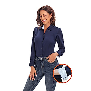 WARHORSEE Womens Button Down Shirt Long Sleeve Work Dress Shirts, V Neck Easy Care Stretchy Business Casual Blouses for Women(Navy,XXL)