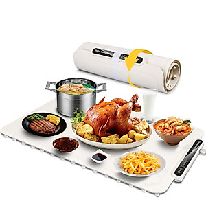 Qimh Food Warming Mat, Silicone Food Warmer for Parties Buffet, Full Surface Electric Warming Tray with 4 Temps & 10s Rapid Heating, Portable Food Heater for Gathering, Kitchen, Everyday Use (Beige)