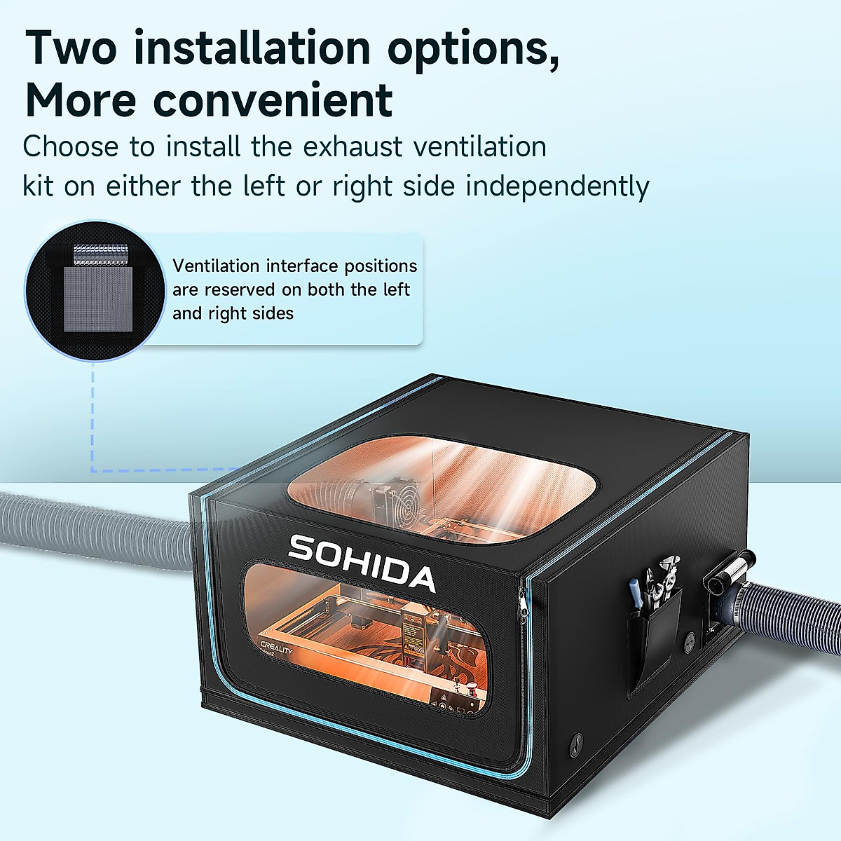 Laser Engraver Enclosure with Removable Bottom Bracket, Dust&Smoke Proof Laser Cutting Enclosure Tent with LED Strip, Fan and Pipe for Engraving Work