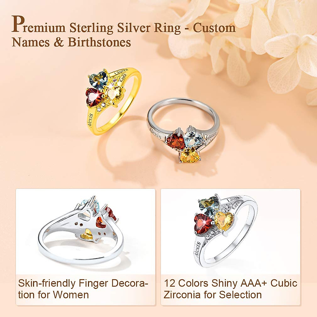 Custom4U Personalized Family Ring with 3 Birthstones Customized 925 Sterling Silver Ring with Names Crystal AAA+ Cubic Zirconia Stones Jewelry Elegant Finger Decoration for Women