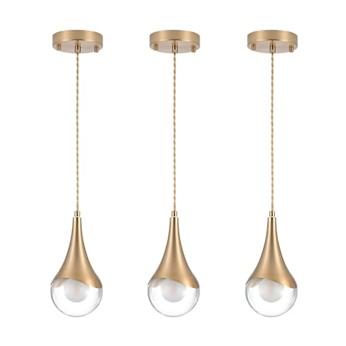 Dijiahua Gold Pendant Lights Kitchen Island 3 Pack, Modern Brass Raindrop Pendant Light Fixture Set of 3 with Clear Glass Globe,Mini Teardrop Chandelier,Adjustable Cord Hanging Lighting for Sink
