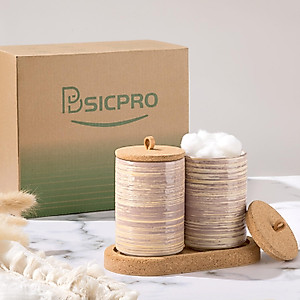 Ceramic Bathroom Canister Jars, 2 Pack Qtip Holder Dispenser with Lid and Tray, Cotton Ball Swab Pad Holder for Bathroom Essential Accessories Vanity Organizers-Light Purple