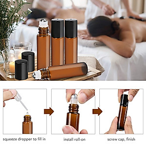 LotFancy Essential Oil Roller Bottles, 6pc 10ml Amber Glass Bottle with Stainless Steel Roller Balls and Caps, Leakproof Perfume Bottles for Travel, Includes 2pc 4ml Droppers
