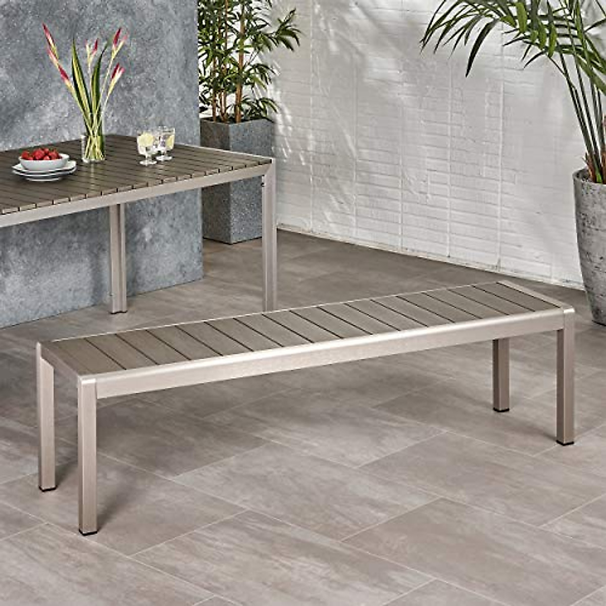 Great Deal Furniture Odelia Outdoor Modern Aluminum Dining Bench with Faux Wood Seat, Gray and Silver