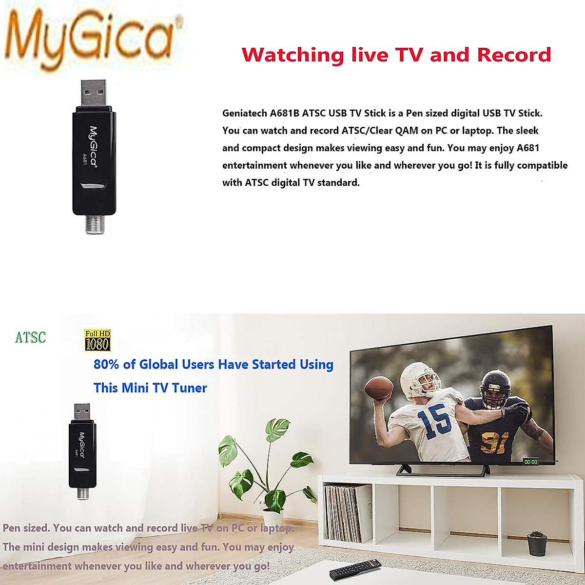 Mygica A681B USB 2.0 TV Tuner Card, ATSC HD Digital External HDTV Tuner Stick Dongle Adapter for Window, Linux, for PC Computer Laptop