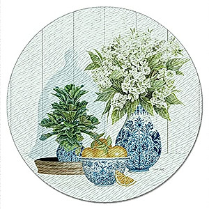 CounterArt Blue & White Pottery 4mm Heat Tolerant Tempered Glass Lazy Susan Turntable 13" Diameter Cake Plate Condiment Caddy Pizza Server