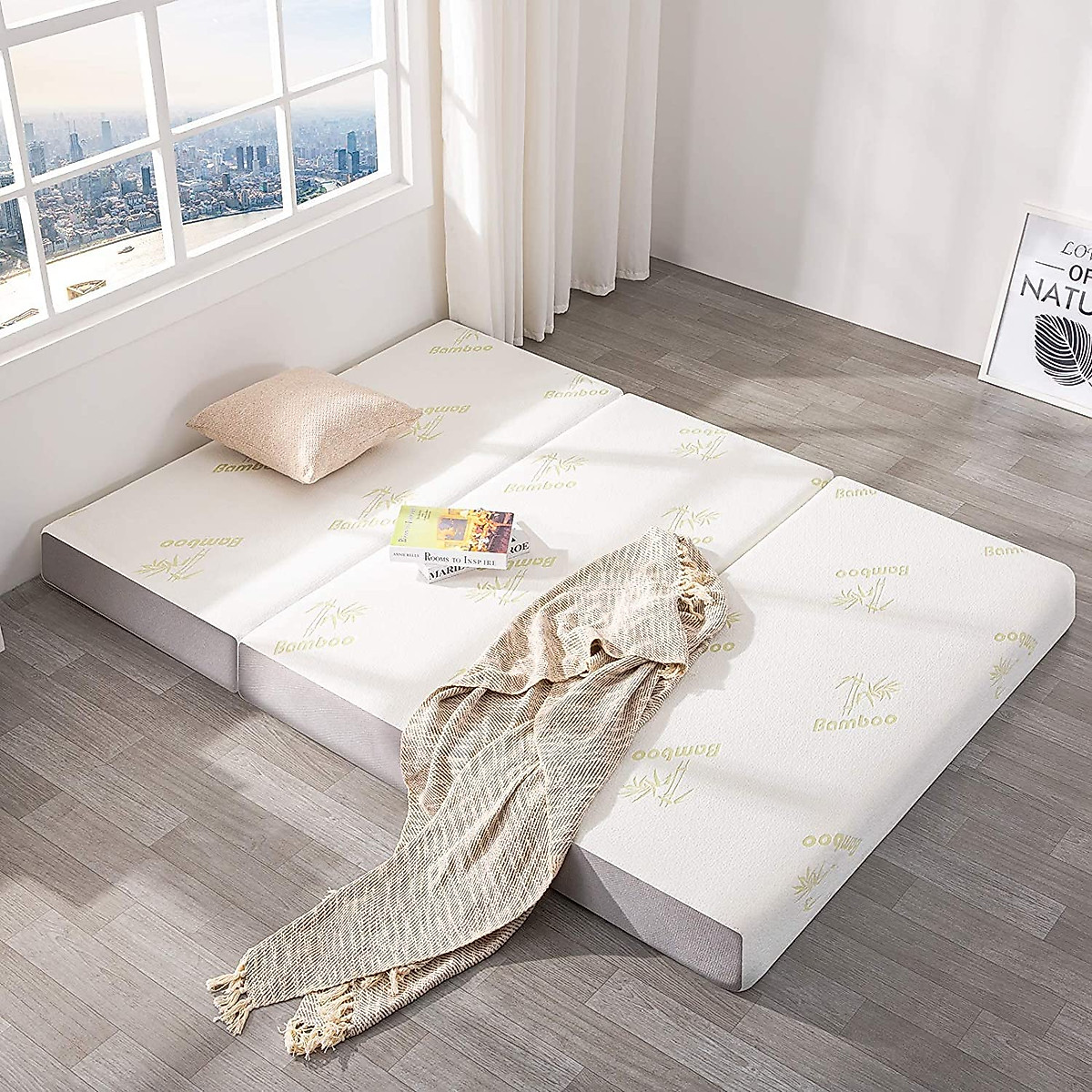 Inofia Folding Mattress, Memory Foam Tri-fold Mattress with Ultra Soft Bamboo Cover, Non-Slip Bottom & Breathable Mesh Sides - Twin 4-Inch, Mattress Topper